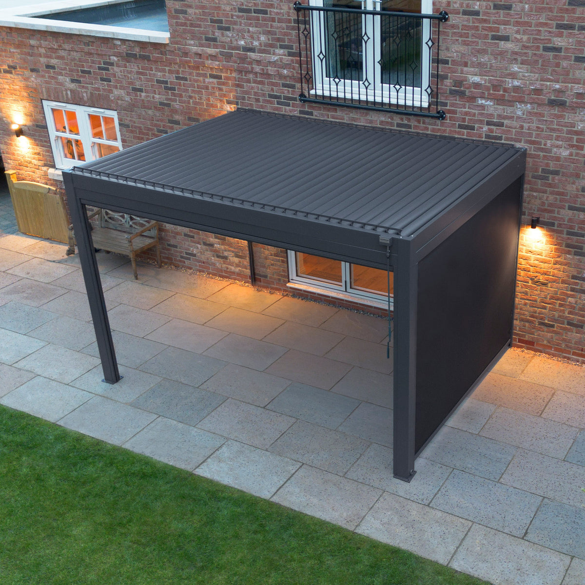 PergoSTET 3m x 4m Rectangular Wall Mounted Pergola with 3 Drop Sides a