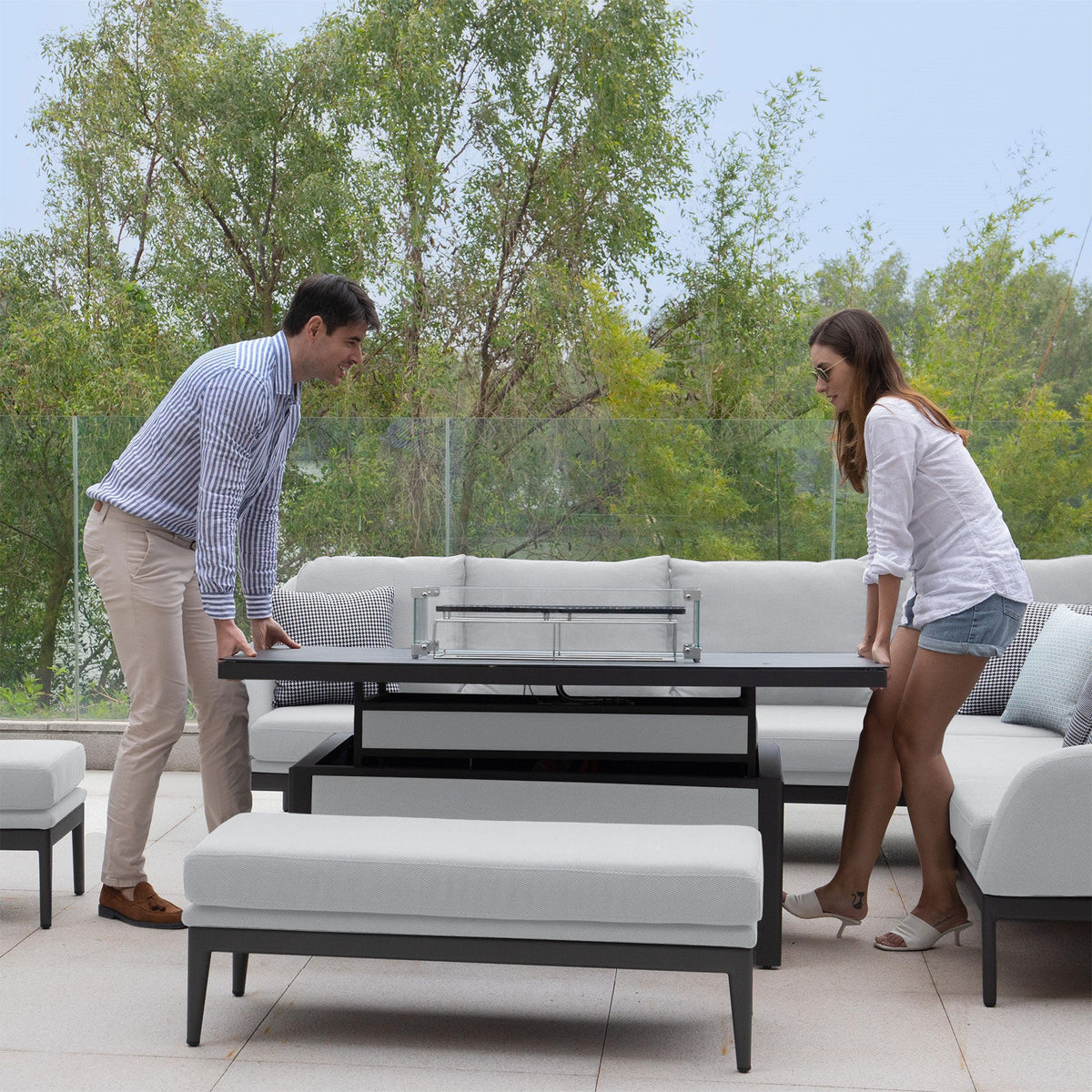 Luna Outdoor Fabric Rectangular Corner Dining Set with Rising Firepit