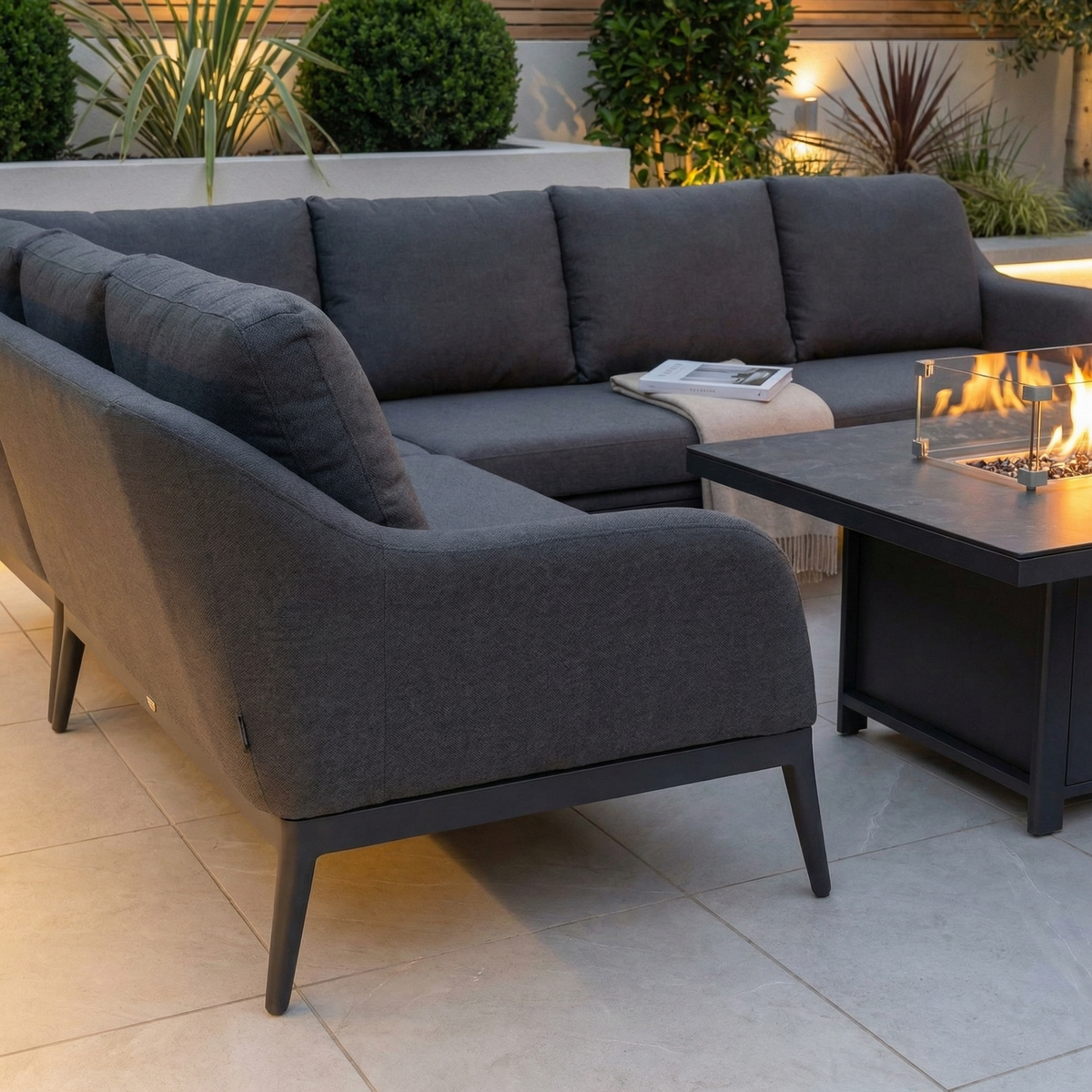 Luna Outdoor Fabric Rectangular Corner Dining Set with Rising Firepit