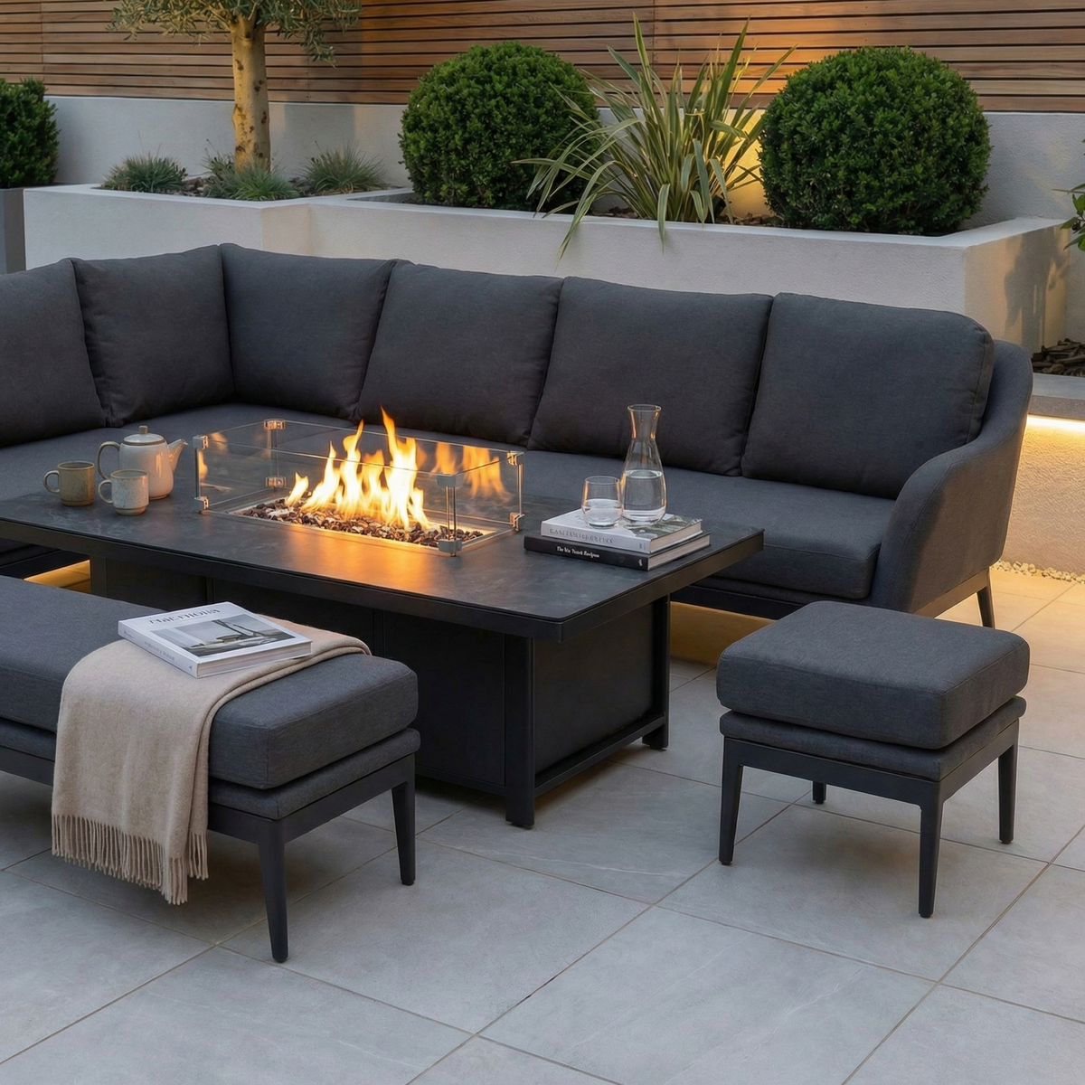 Luna Outdoor Fabric Rectangular Corner Dining Set with Rising Firepit