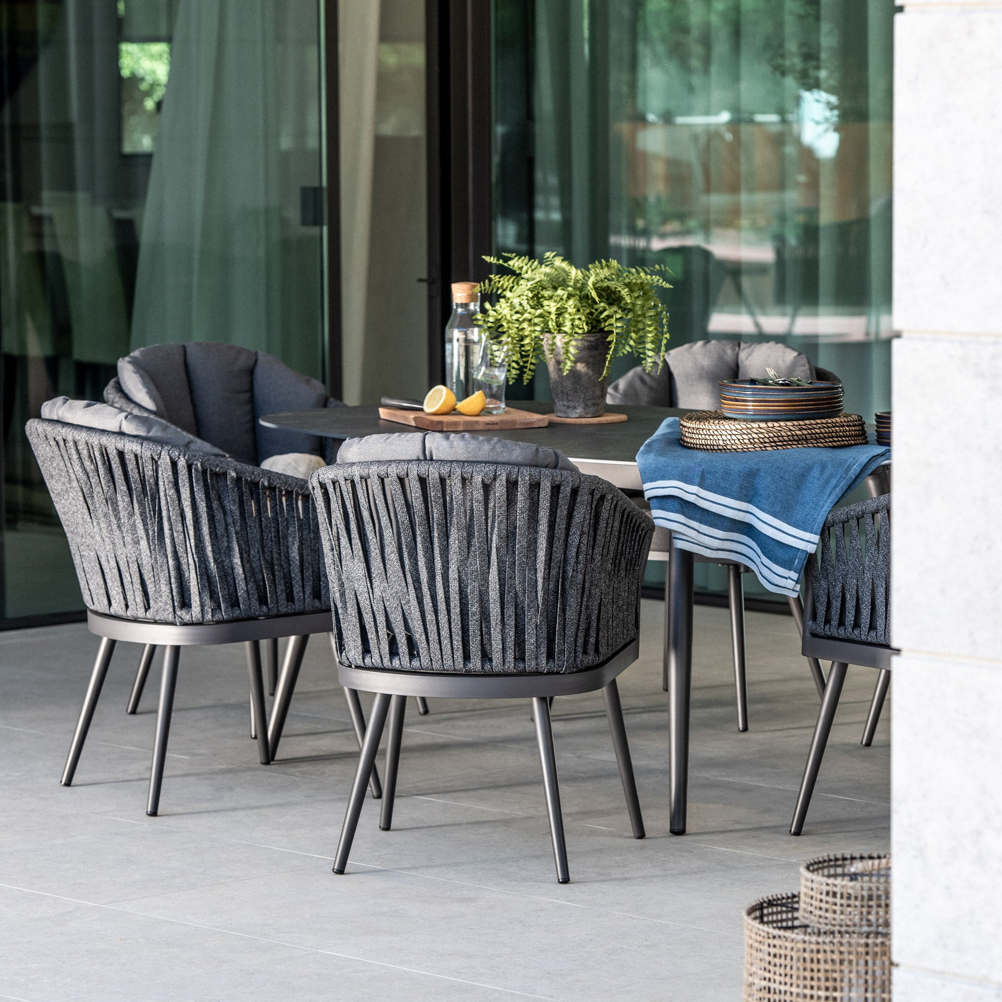 Monterrey 6 Seat Rope Dining Set with Oval Ceramic Table in Grey