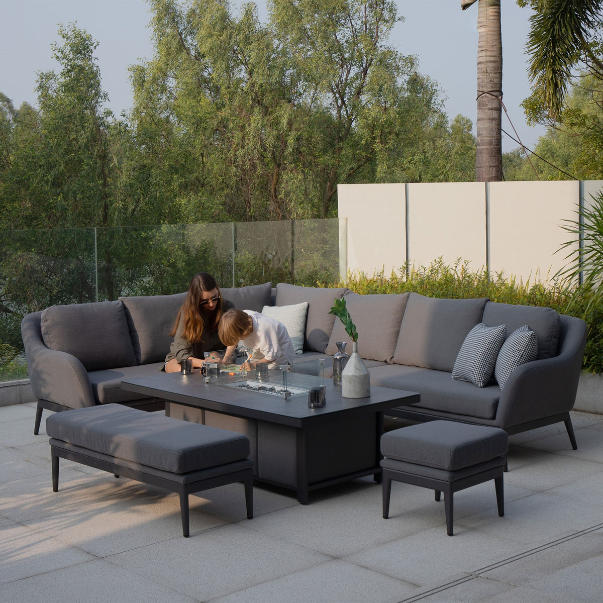 Luna Outdoor Fabric Rectangular Corner Dining Set with Rising Firepit