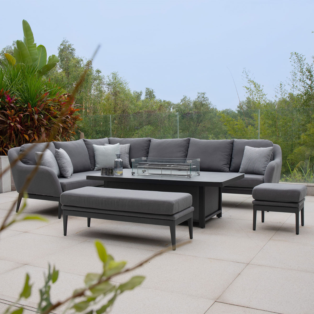 Luna Outdoor Fabric Rectangular Corner Dining Set with Rising Firepit