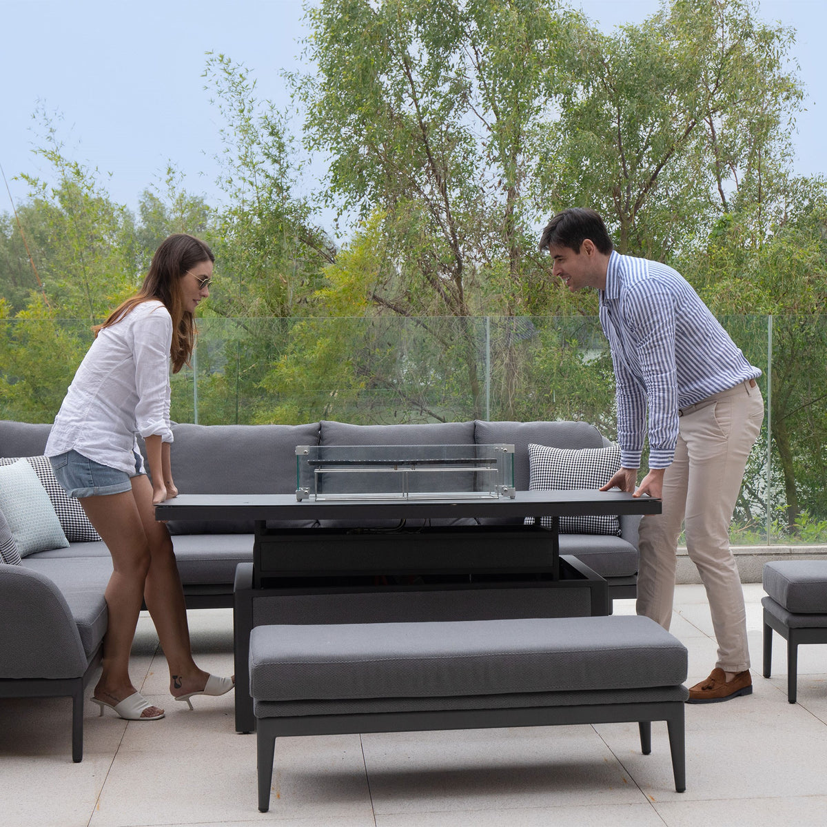 Luna Outdoor Fabric Rectangular Corner Dining Set with Rising Firepit