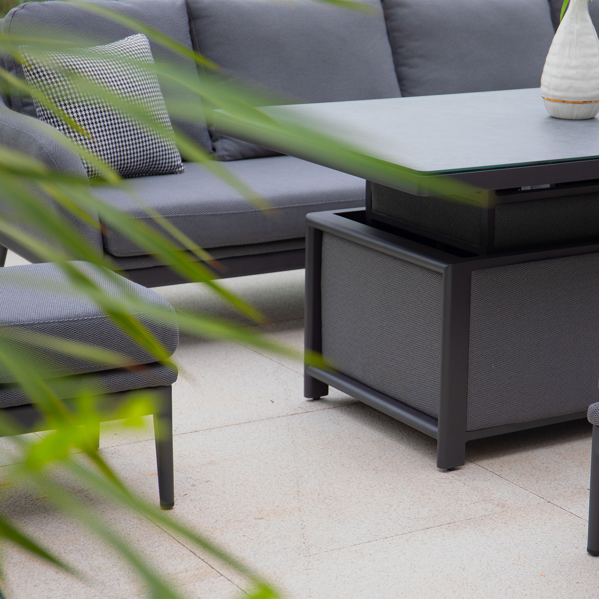Luna Outdoor Fabric Rectangular Corner Dining Set with Rising Table in